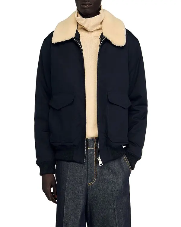 Sandro Shearling Collar Aviator Jacket - Navy Blue