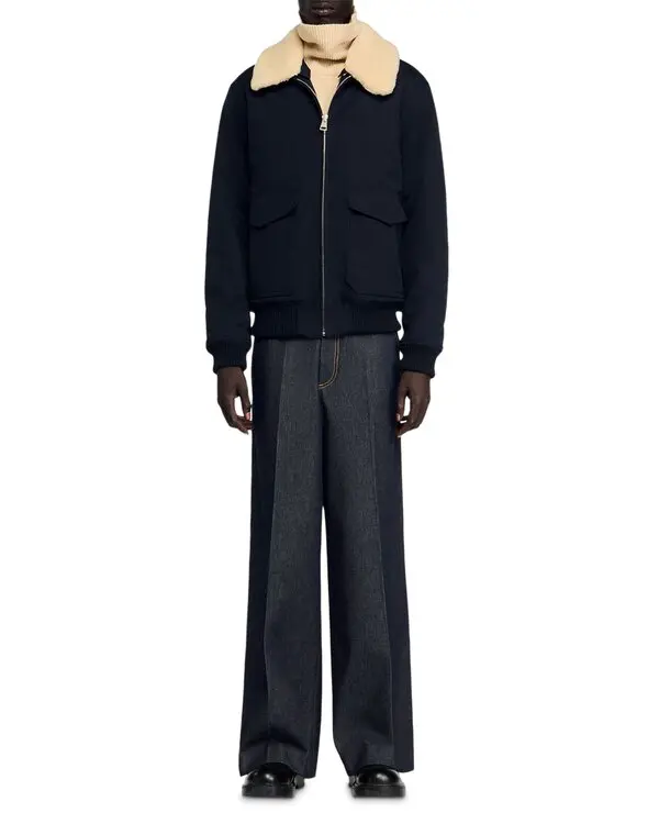Sandro Shearling Collar Aviator Jacket - Navy Blue
