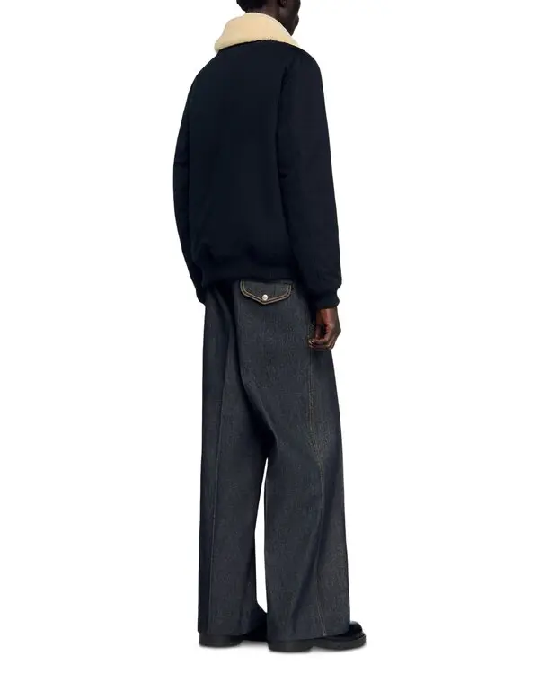 Sandro Shearling Collar Aviator Jacket - Navy Blue