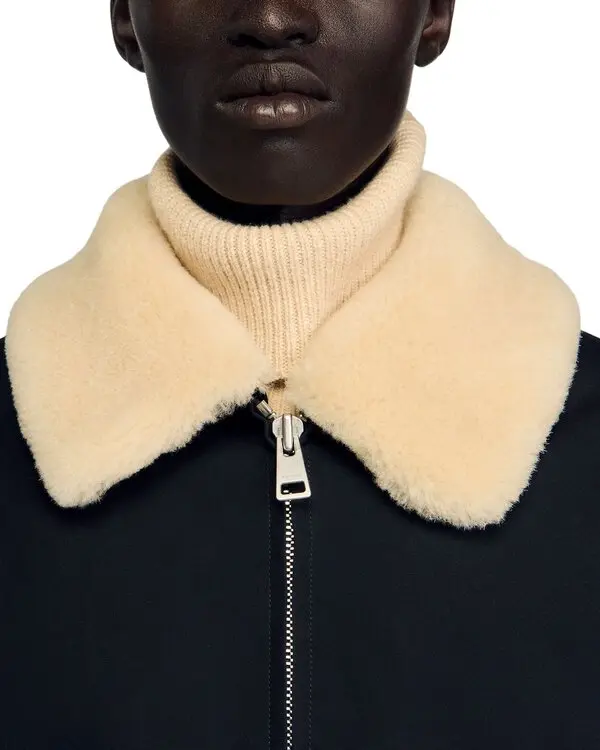 Sandro Shearling Collar Aviator Jacket - Navy Blue