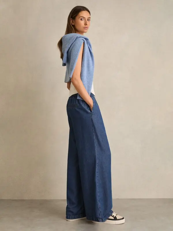 REISS Parker Wide-leg Chambray Trousers - Mid Blue
