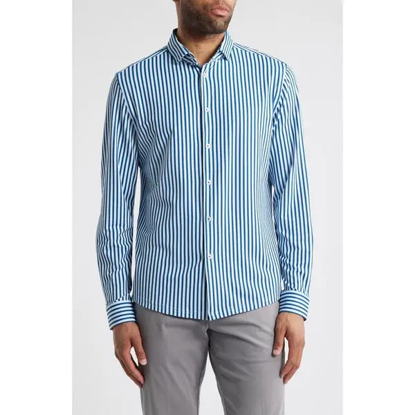 Stone Rose Trim Fit Techno Stretch Stripe Performance Button-up Shirt - Navy