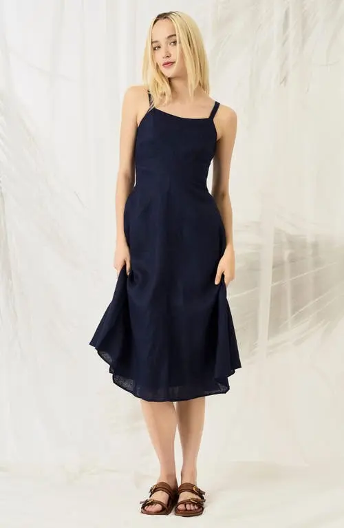 a view linen dress Navy Blue Cotton Linen Paneled A-Line Midi Dress 60