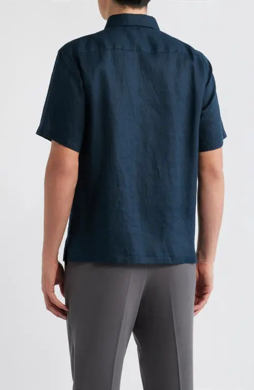 Theory Irving Solid Short Sleeve Linen Button-up Shirt - Baltic