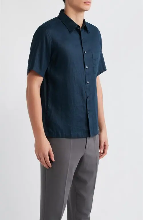 Theory Irving Solid Short Sleeve Linen Button-up Shirt - Baltic