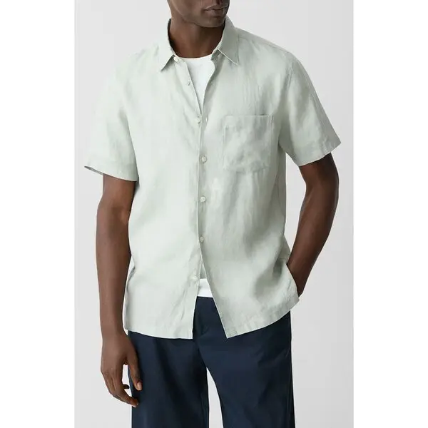 Theory Irving Solid Short Sleeve Linen Button-up Shirt - Light Green