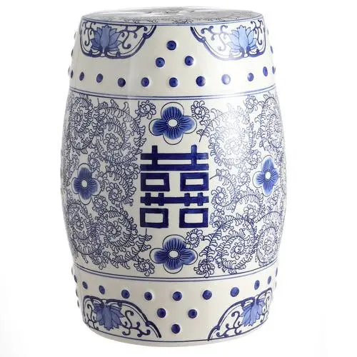JONATHAN Y Double Happiness 18" Chinoiserie Ceramic Drum Garden Stool - Blue/white