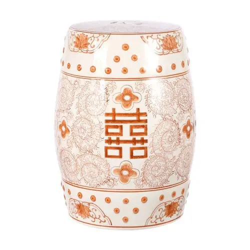 JONATHAN Y Double Happiness 18" Chinoiserie Ceramic Drum Garden Stool - Orange/white