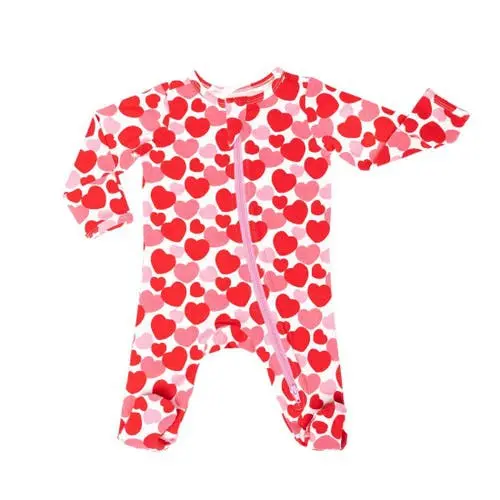 NORANI Organic Cotton Zip Footie - Red & Pink Hearts