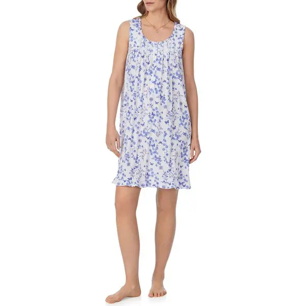 Eileen West Floral Sleeveless Short Jersey Nightgown - White Grd Periwinkle/pink Flor