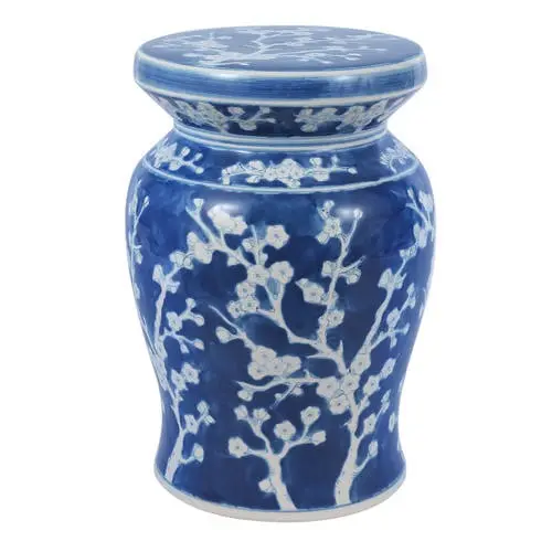 JONATHAN Y Cherry Blossom 17.75" Ceramic Garden Stool - Blue/white