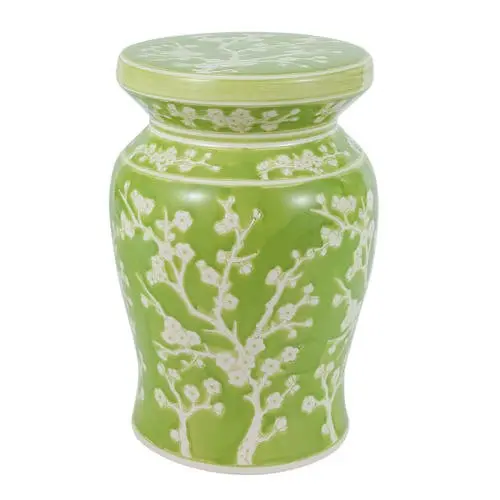 JONATHAN Y Cherry Blossom 17.75" Ceramic Garden Stool - Green/white