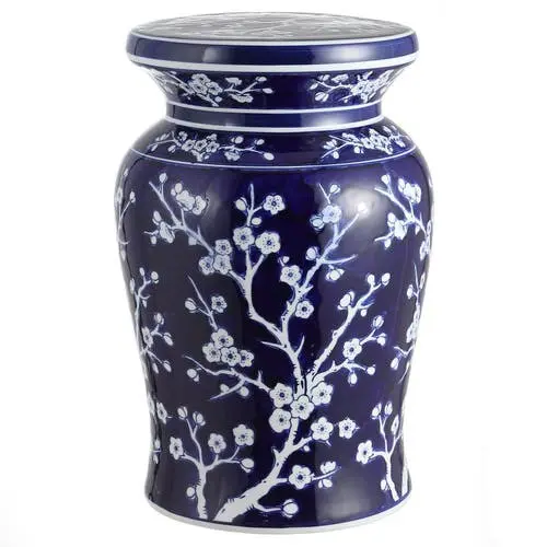 JONATHAN Y Cherry Blossom 17.75" Ceramic Garden Stool - Navy/white