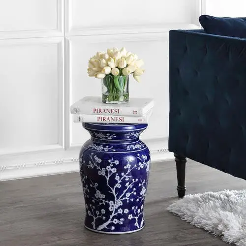 JONATHAN Y Cherry Blossom 17.75" Ceramic Garden Stool - Navy/white