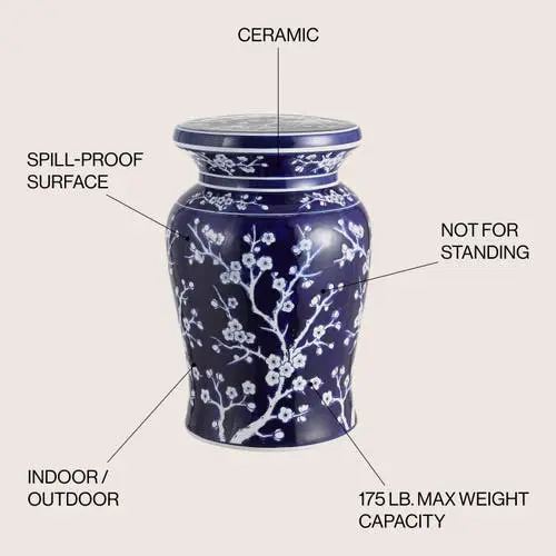 JONATHAN Y Cherry Blossom 17.75" Ceramic Garden Stool - Navy/white