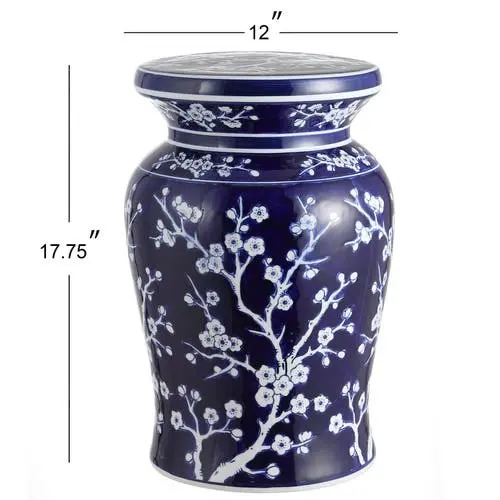 JONATHAN Y Cherry Blossom 17.75" Ceramic Garden Stool - Navy/white