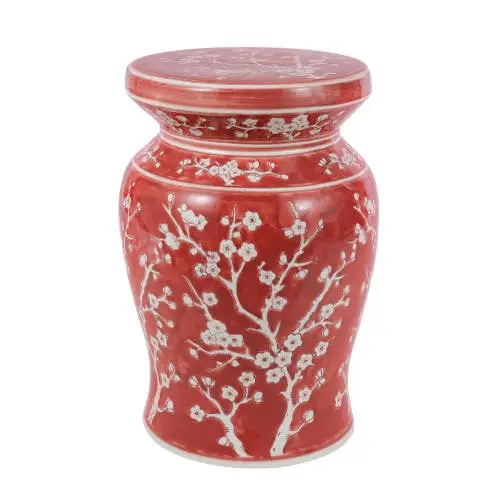 JONATHAN Y Cherry Blossom 17.75" Ceramic Garden Stool - Red/white