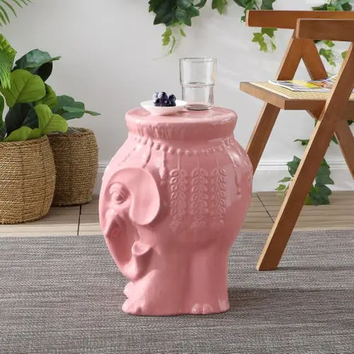 JONATHAN Y Orla Global Glazed Ceramic Elephant Garden Stool - Pink