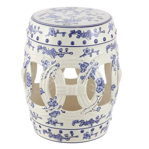 JONATHAN Y Lucky Coins Contemporary Ceramic Cutout Interlocking Rings Drum Garden Stool, Indoor & Outdoor Accent Side Table - Blue/white