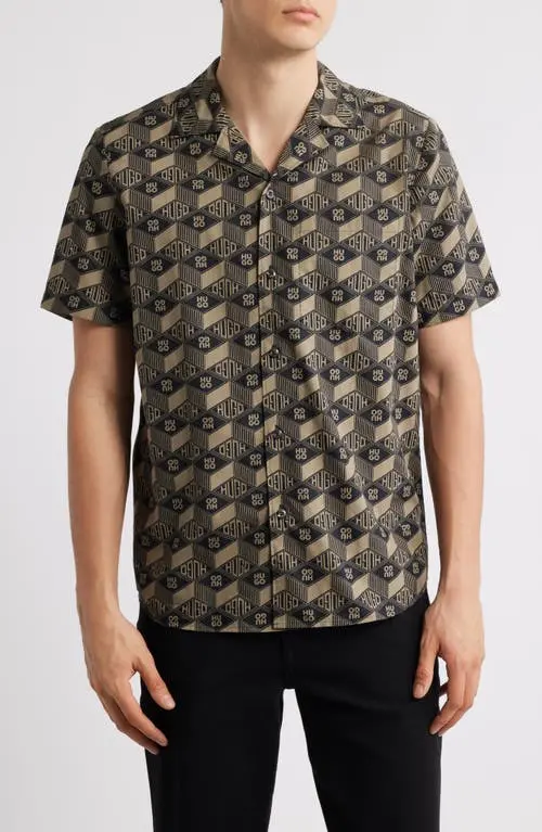Hugo Ellino Logo Print Camp Shirt - Black