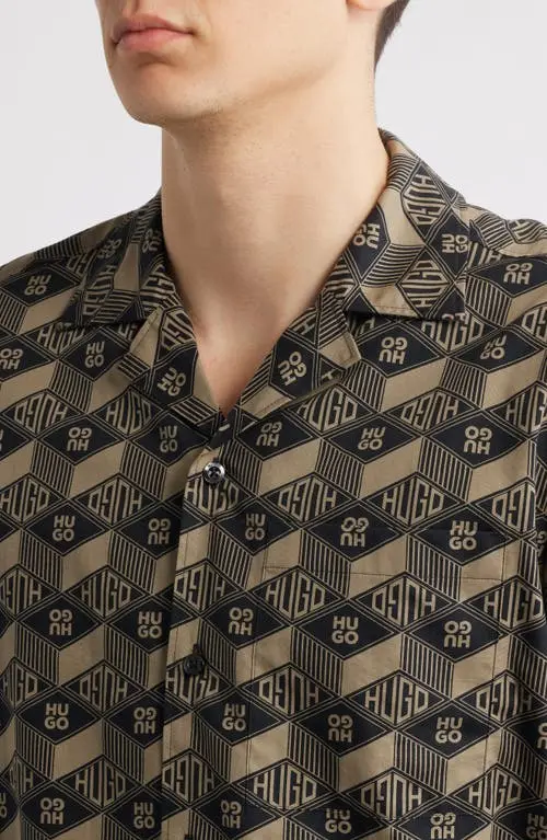 Hugo Ellino Logo Print Camp Shirt - Black