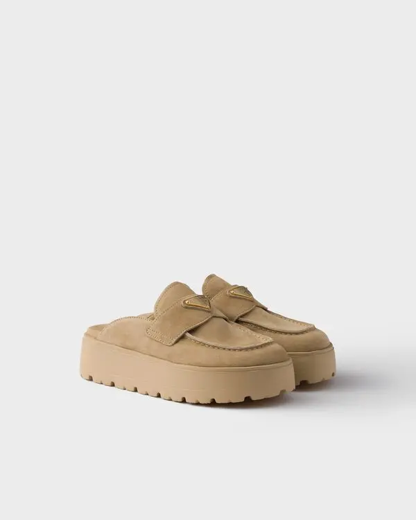 Prada Suede Flatform Mules - Ecru