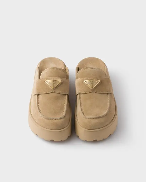 Prada Suede Flatform Mules - Ecru