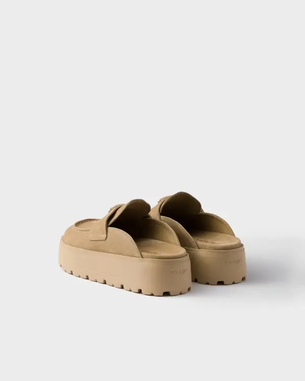 Prada Suede Flatform Mules - Ecru