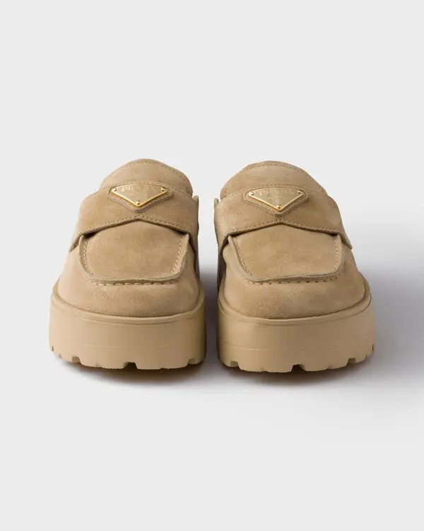 Prada Suede Flatform Mules - Ecru