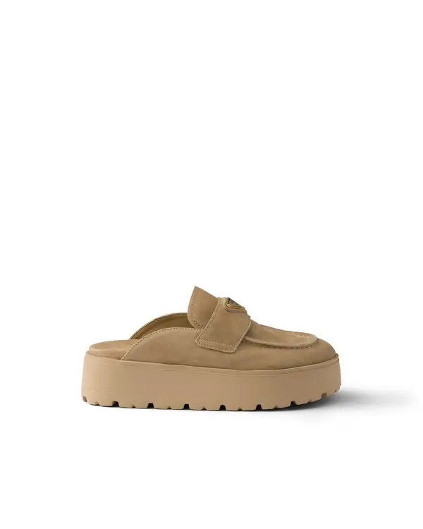 Prada Suede Flatform Mules - Neutral