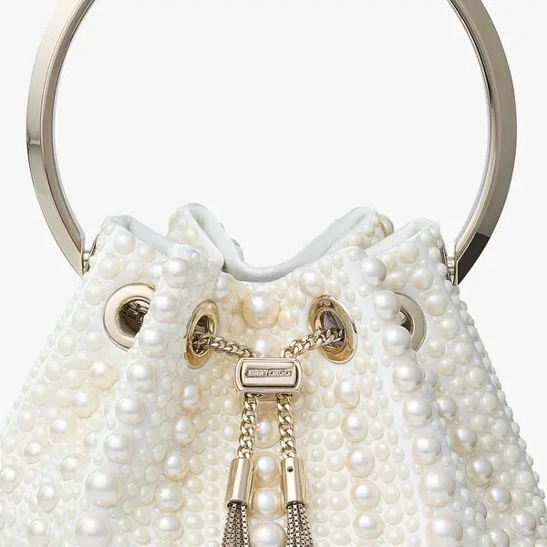 JIMMY CHOO Bon Bon Ivory Satin Pearl Bucket Bag - Neutral