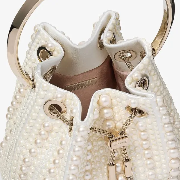 JIMMY CHOO Bon Bon Ivory Satin Pearl Bucket Bag - Neutral