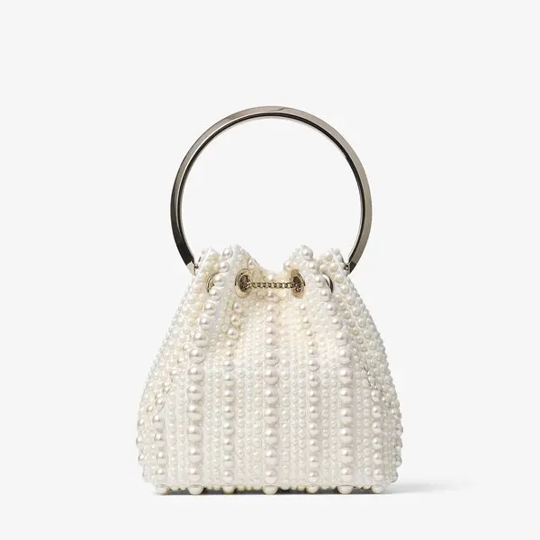 JIMMY CHOO Bon Bon Ivory Satin Pearl Bucket Bag - Neutral