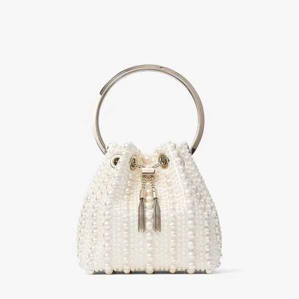 JIMMY CHOO Bon Bon Ivory Satin Pearl Bucket Bag - Neutral