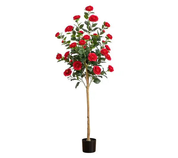 NEARLY NATURAL 5' Artificial Red Camellia Rose Tree - One-color