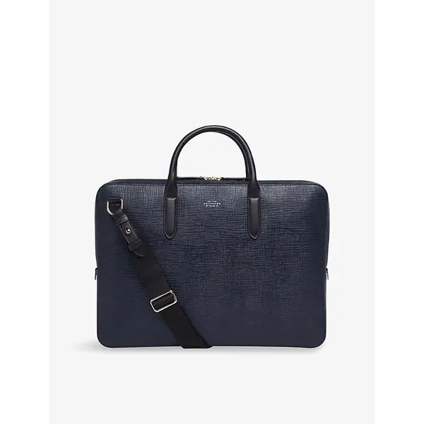 Smythson Panama Large Grained-leather Briefcase - Navy