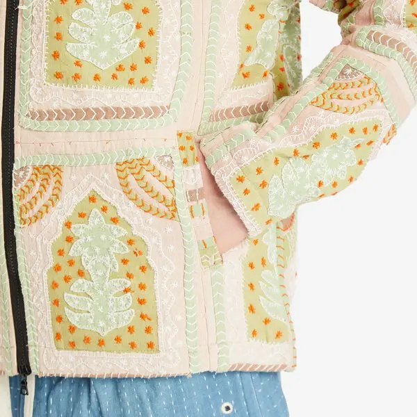 Kartik Research Patchwork Embroidered Zip Jacket In Ecru/Green