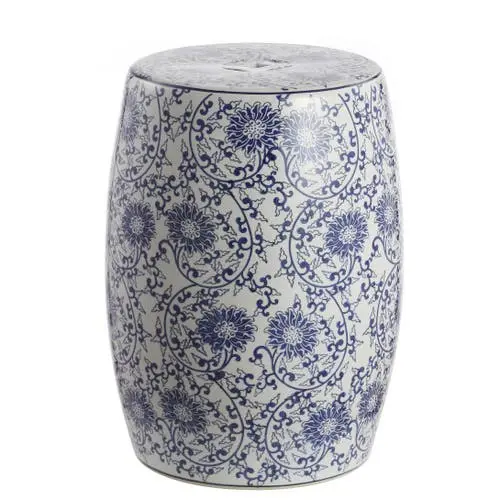JONATHAN Y Lotus Blossom 17.5" Chinoiserie Ceramic Drum Garden Stool - Blue/white