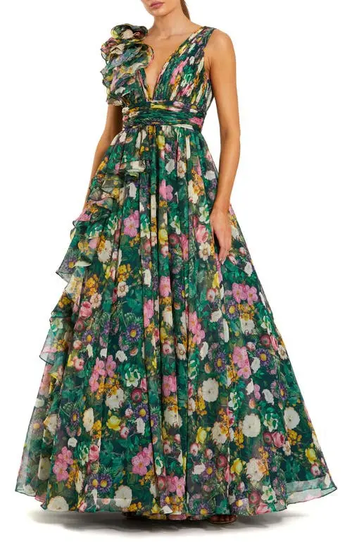 Mac Duggal Sleeveless V-neck Ruffled Floral Chiffon Ballgown - Deep Green Multi