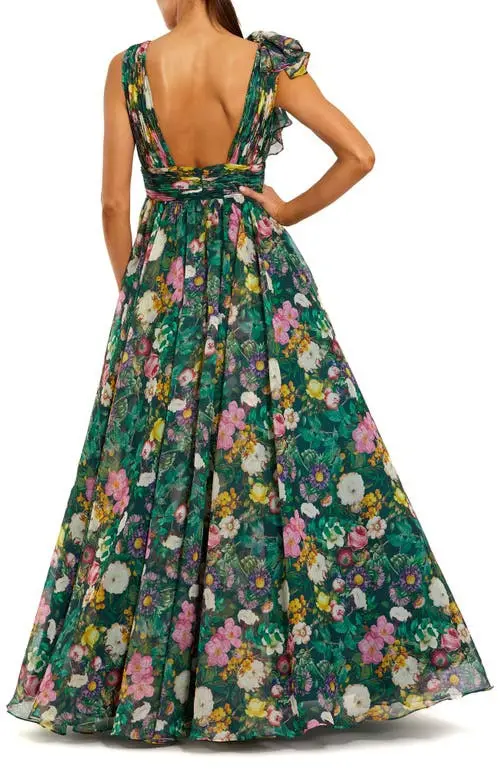 Mac Duggal Sleeveless V-neck Ruffled Floral Chiffon Ballgown - Deep Green Multi