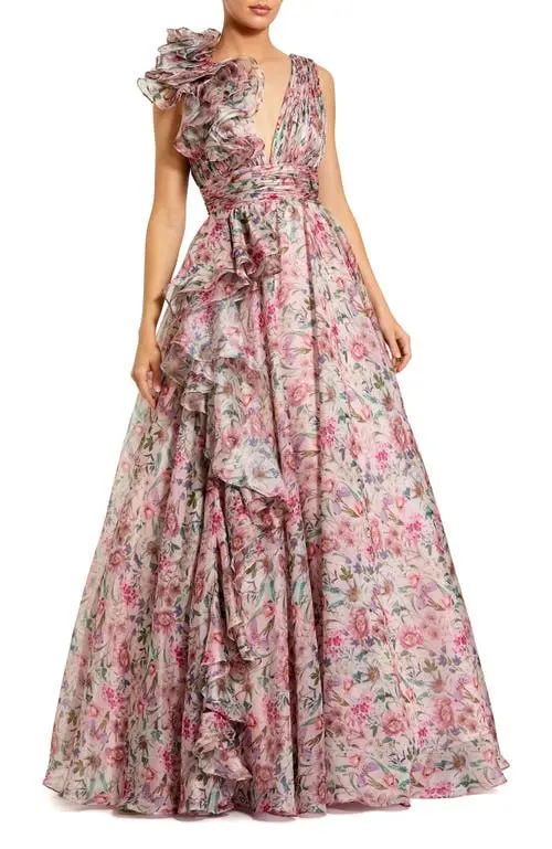 Mac Duggal Ruffle Shoulder V-neck Floral Gown - Pink Multi