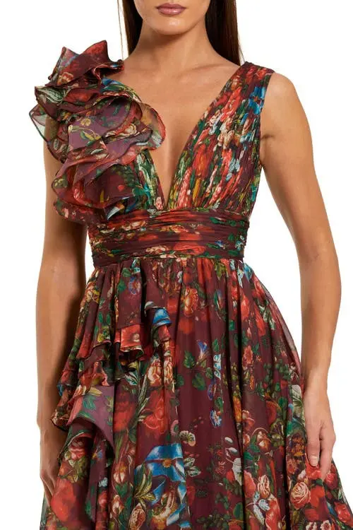 Mac Duggal Ruffle Shoulder V-neck Floral Gown - Wine Multi