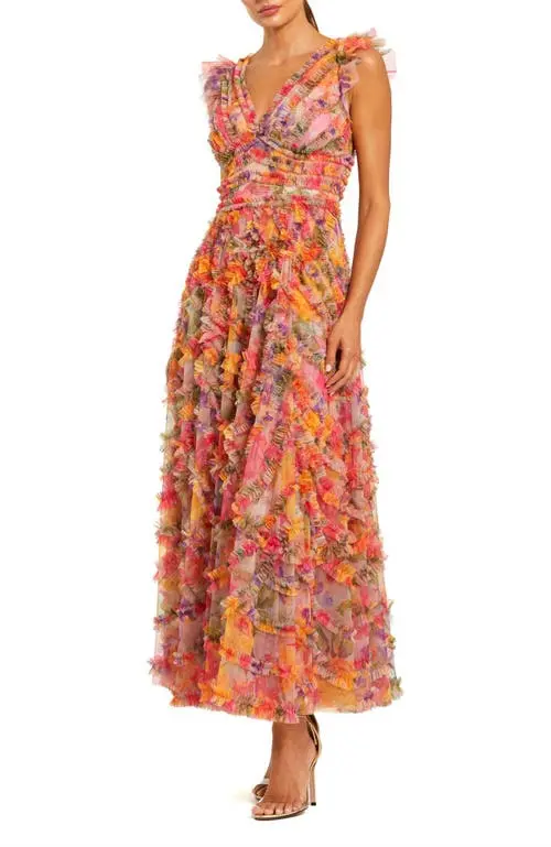 Mac Duggal Printed Floral Mesh Ruffle V Neck Maxi Dress - Multi