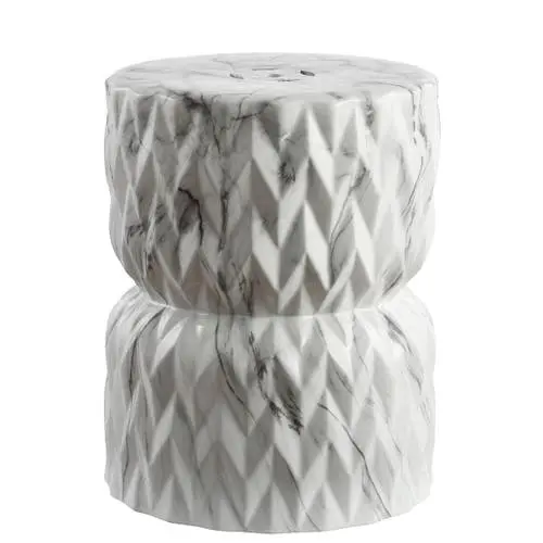 JONATHAN Y Chevron Drum 17.5" Ceramic Garden Stool - White Marble Finish