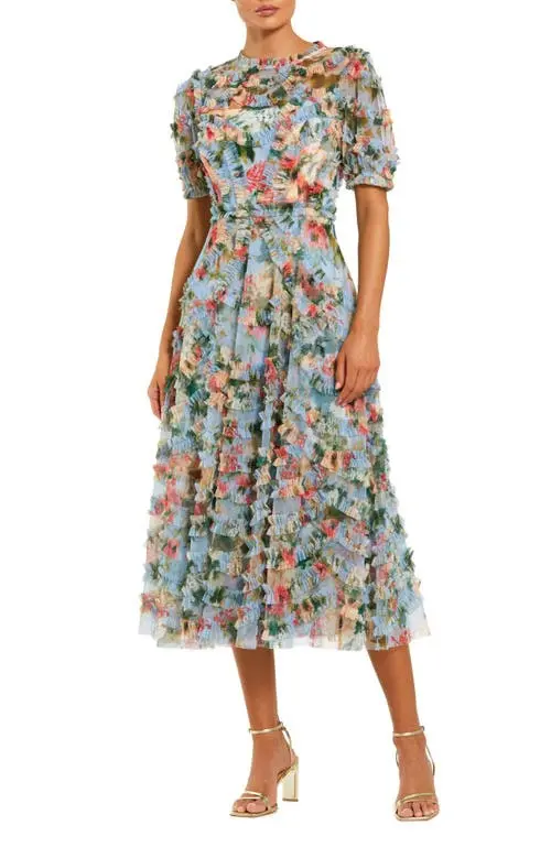 Mac Duggal Floral Printed Mesh Ruffle High Neck Midi Dress - Blue Multi