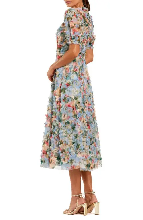 Mac Duggal Floral Printed Mesh Ruffle High Neck Midi Dress