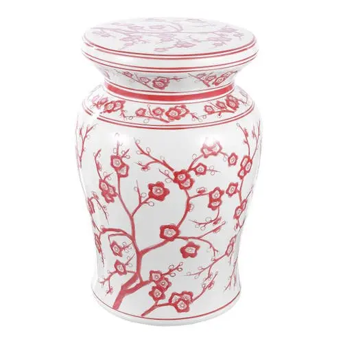 JONATHAN Y Cherry Blossom 17.75" Ceramic Garden Stool - White/red