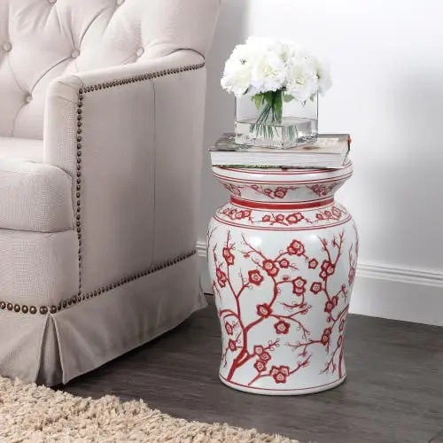 JONATHAN Y Cherry Blossom 17.75" Ceramic Garden Stool - White/red