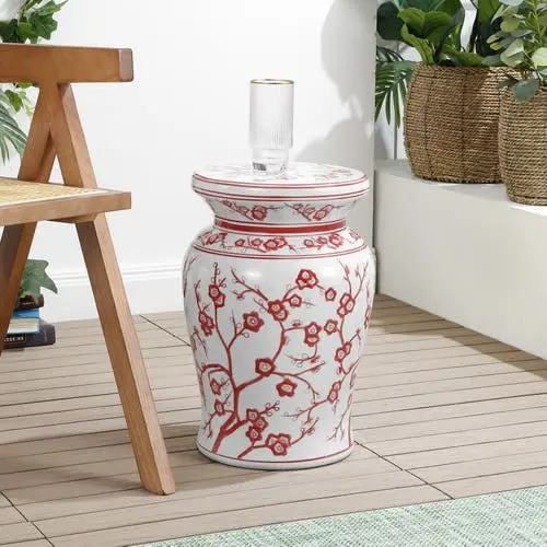 JONATHAN Y Cherry Blossom 17.75" Ceramic Garden Stool - White/red