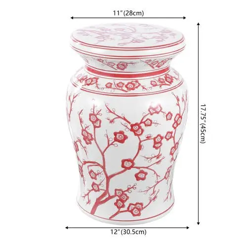 JONATHAN Y Cherry Blossom 17.75" Ceramic Garden Stool - White/red